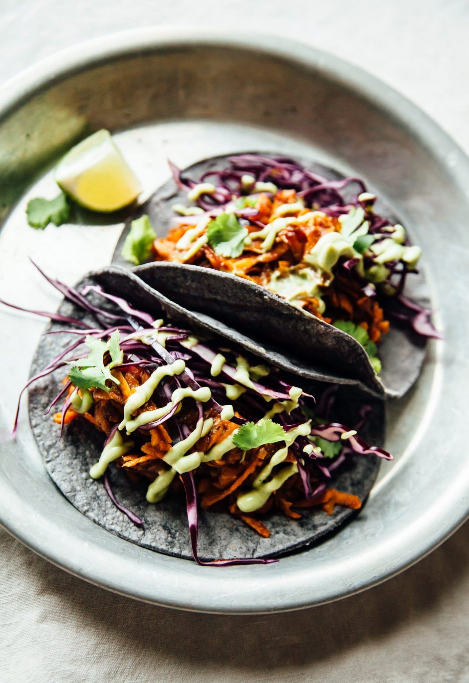 Sticky Sweet Potato Tacos with Avocado Cilantro Sauce | The First Mess