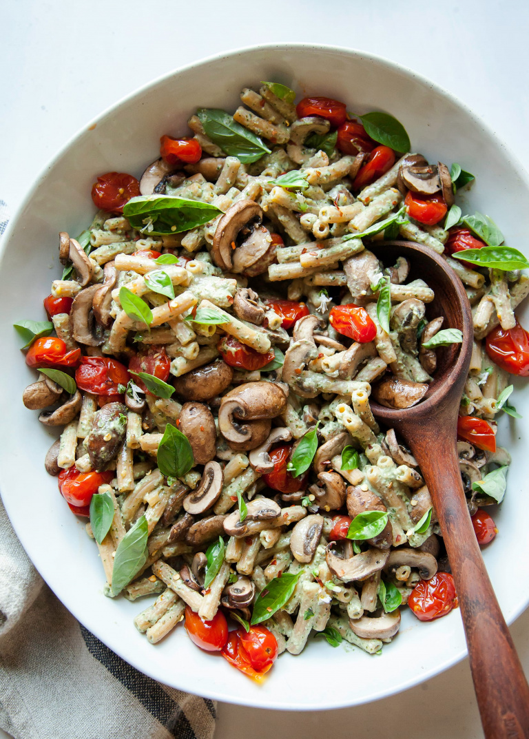 Basil Tahini Pasta with Mushrooms & Burst Tomatoes | The First Mess