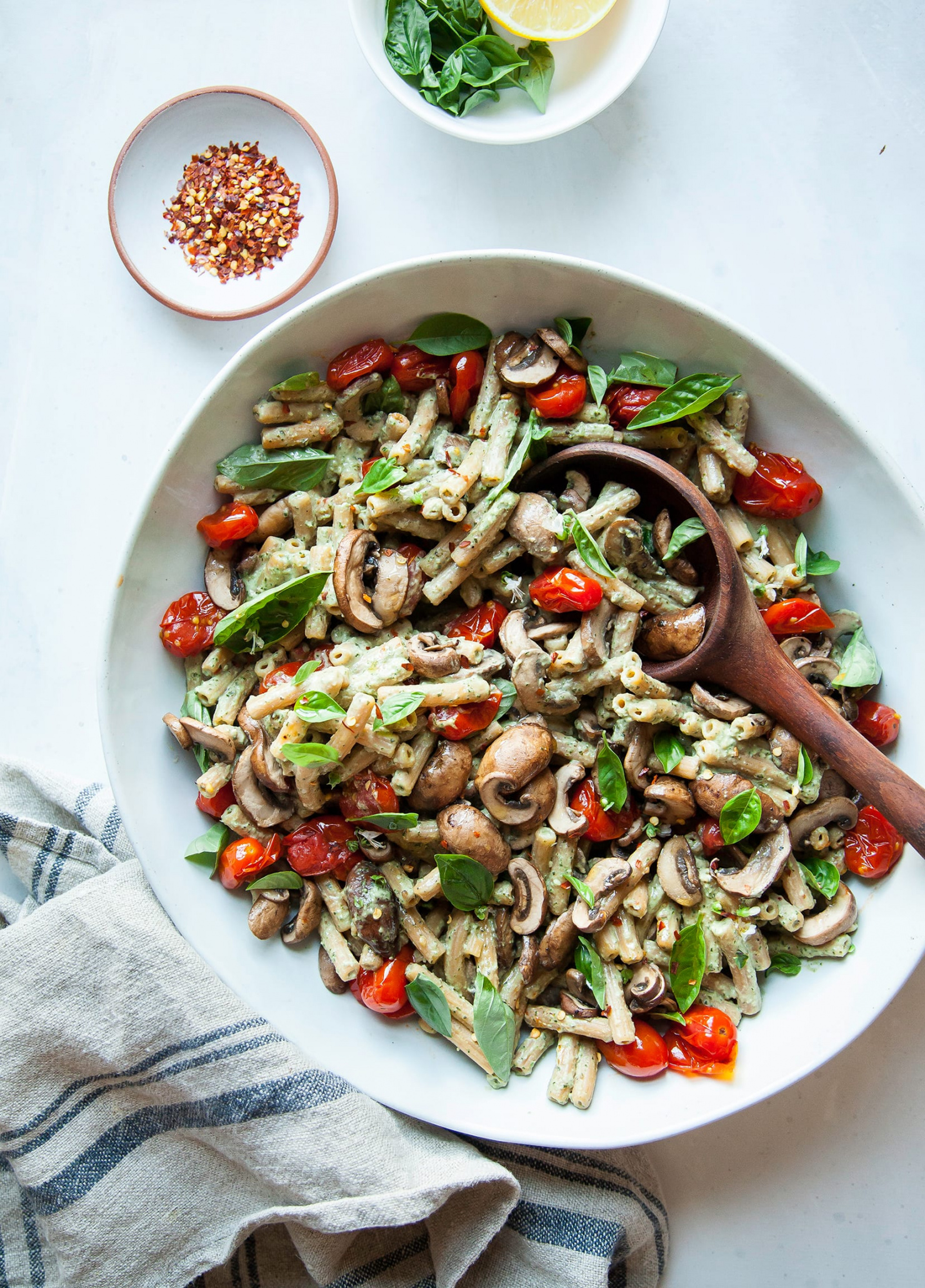Basil Tahini Pasta with Mushrooms & Burst Tomatoes | The First Mess