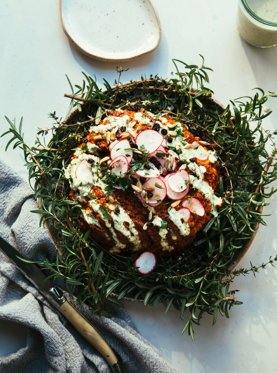 Romesco Roasted Whole Cauliflower w/ Tahini Cream | The First Mess
