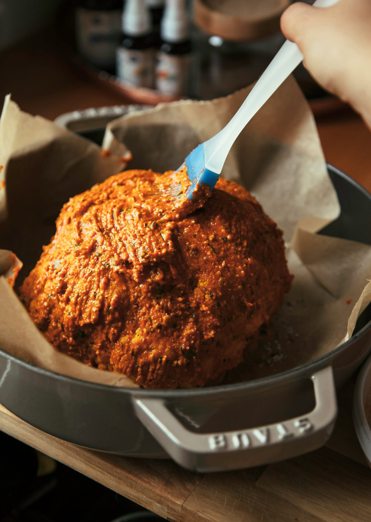 Romesco Roasted Whole Cauliflower w/ Tahini Cream | The First Mess
