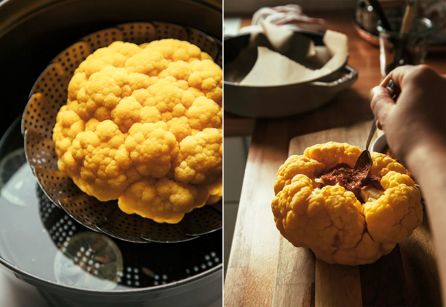 Romesco Roasted Whole Cauliflower w/ Tahini Cream | The First Mess