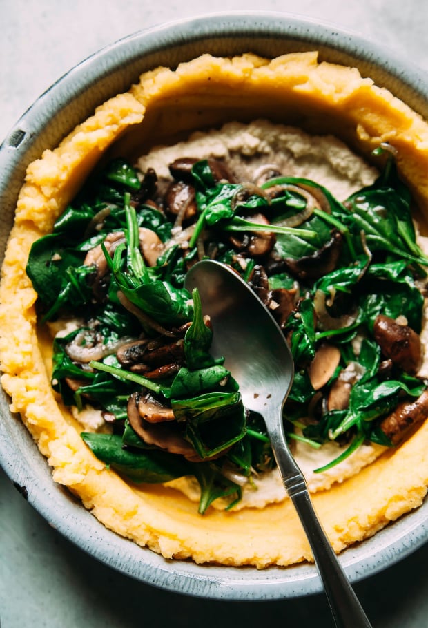 Spinach & Mushroom Polenta Pie with Almond Ricotta | The First Mess