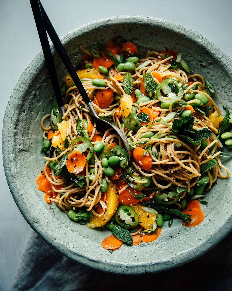 Cold Ginger Noodle Salad with Mint, Edamame & Orange | The First Mess