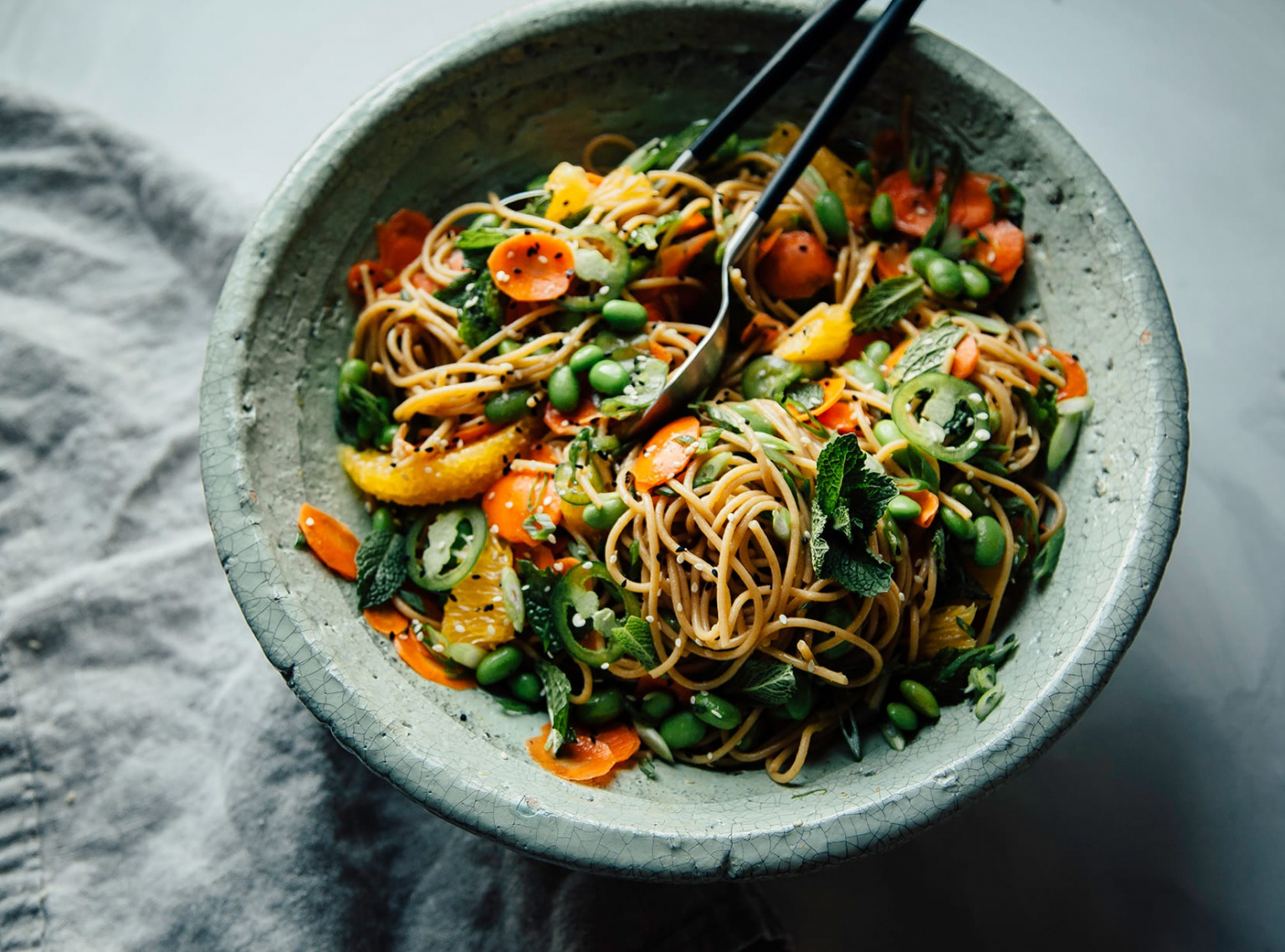 Cold Ginger Noodle Salad with Mint, Edamame & Orange | The First Mess