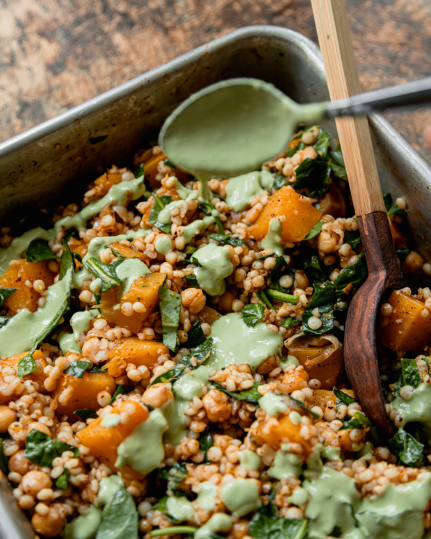 Baked Pearl Couscous & Butternut Squash with Basil Tahini