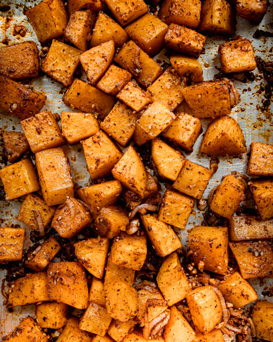 Baked Pearl Couscous & Butternut Squash with Basil Tahini