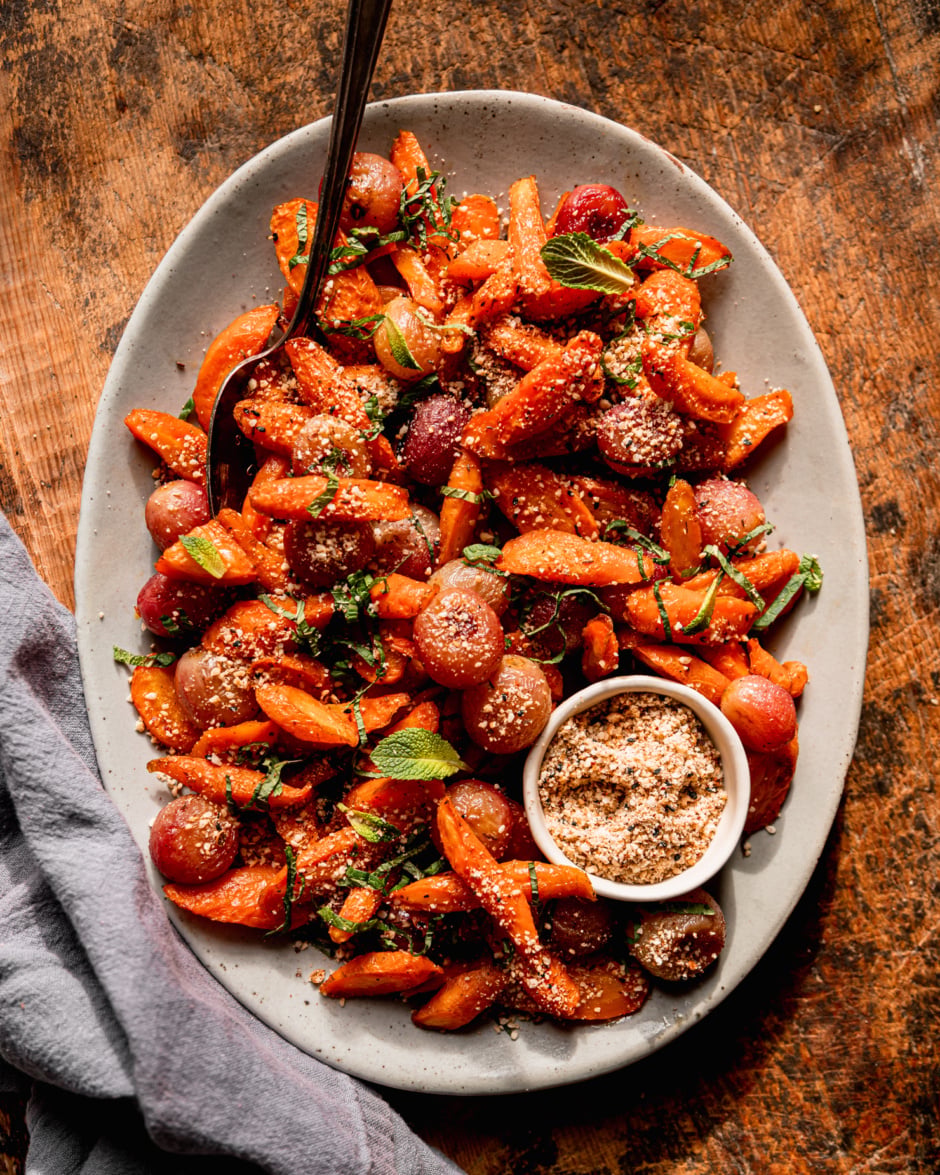 Oven-Roasted Carrot Side Dish with Grapes & Dukkah | The First Mess