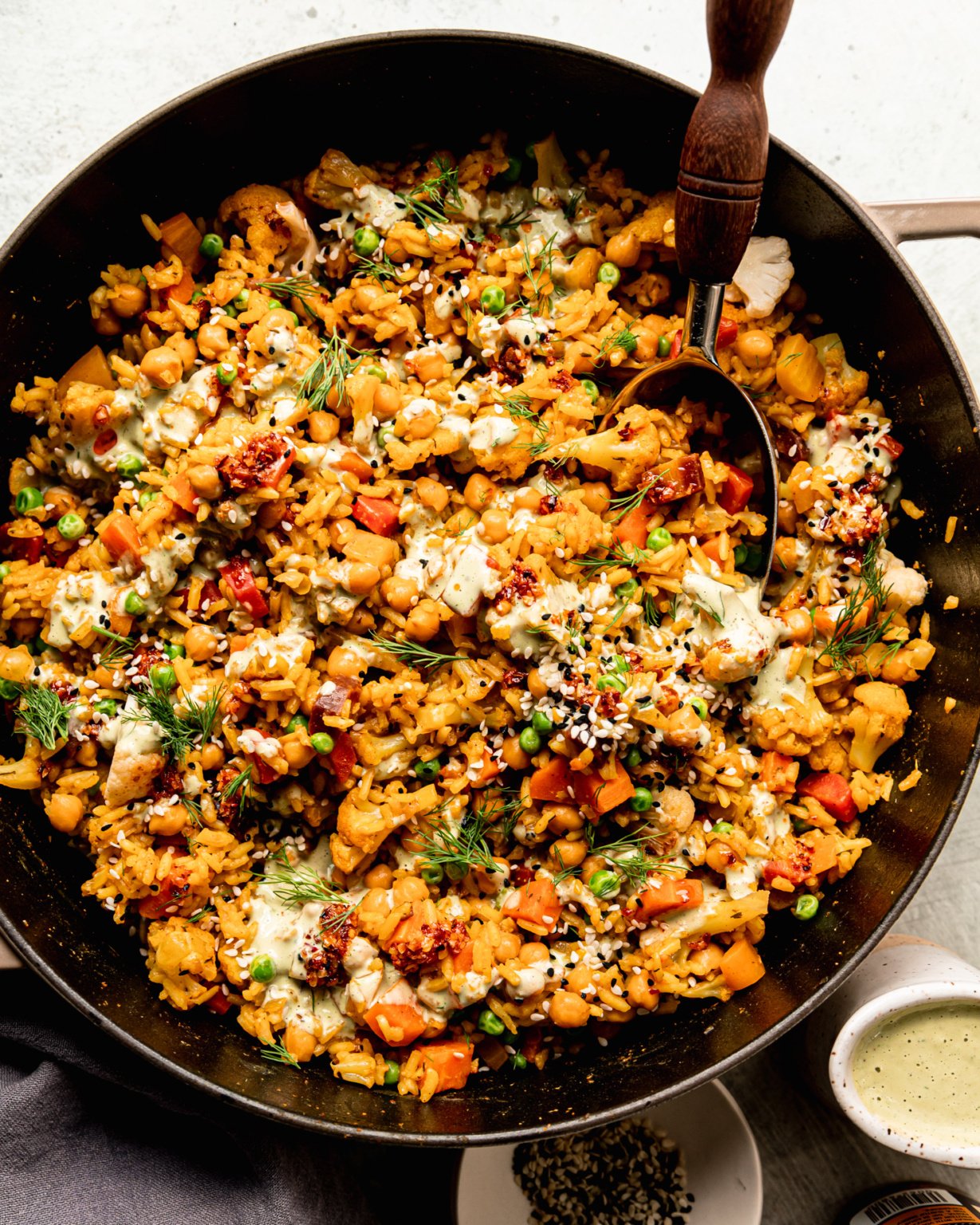 One-Pot Rice and Veggies with Chickpeas & Dilly Tahini | The First Mess