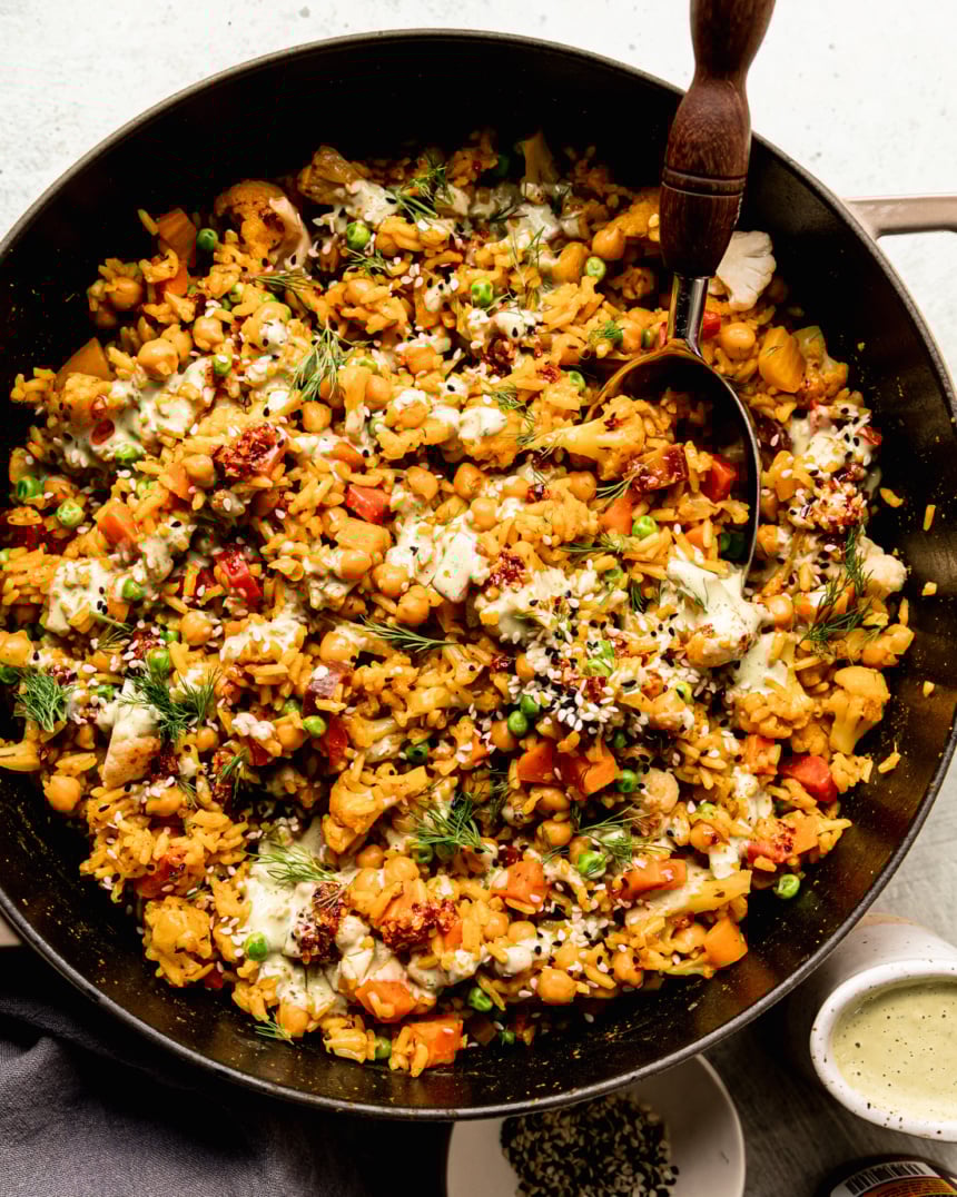 One-Pot Rice and Veggies with Chickpeas & Dilly Tahini | The First Mess