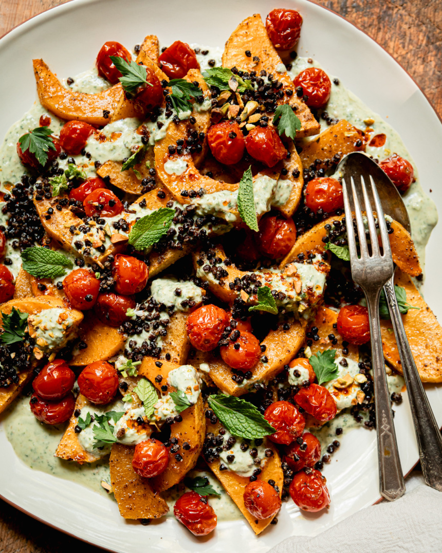 Roasted Butternut Squash with Cherry Tomatoes, Lentils & Herbed Yogurt ...