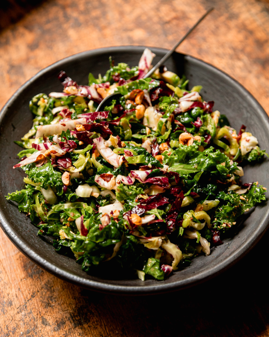 Shredded Fall Greens Salad with Sherry Thyme Vinaigrette | The First Mess