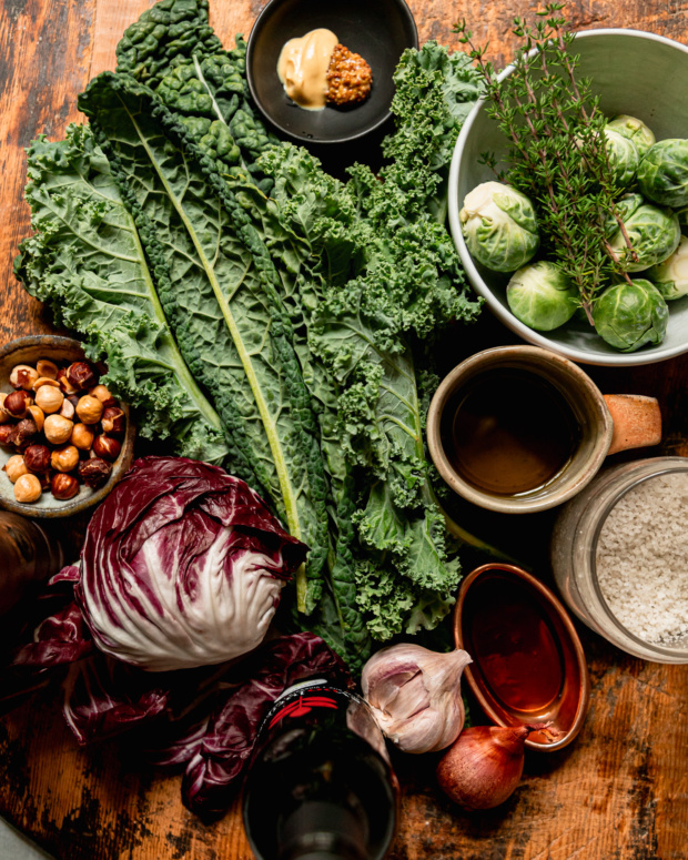 Shredded Fall Greens Salad with Sherry Thyme Vinaigrette | The First Mess