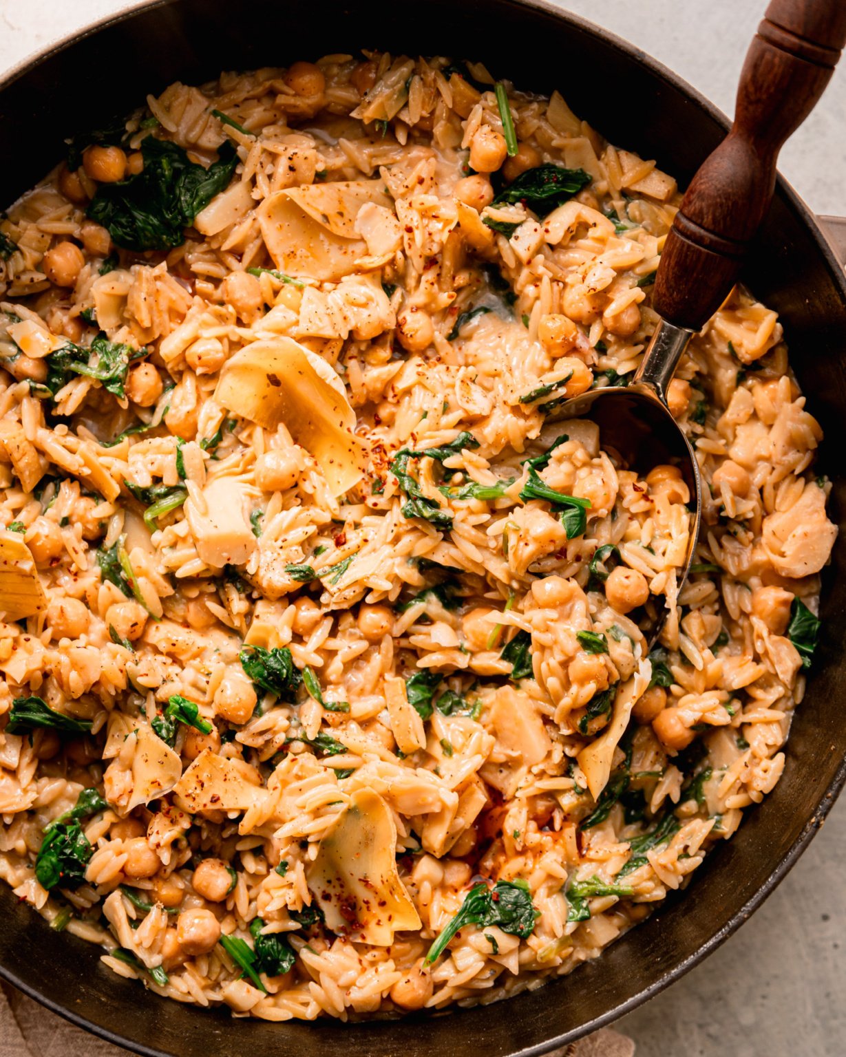One-Pot Spinach Artichoke Orzo with Chickpeas (Vegan) | The First Mess