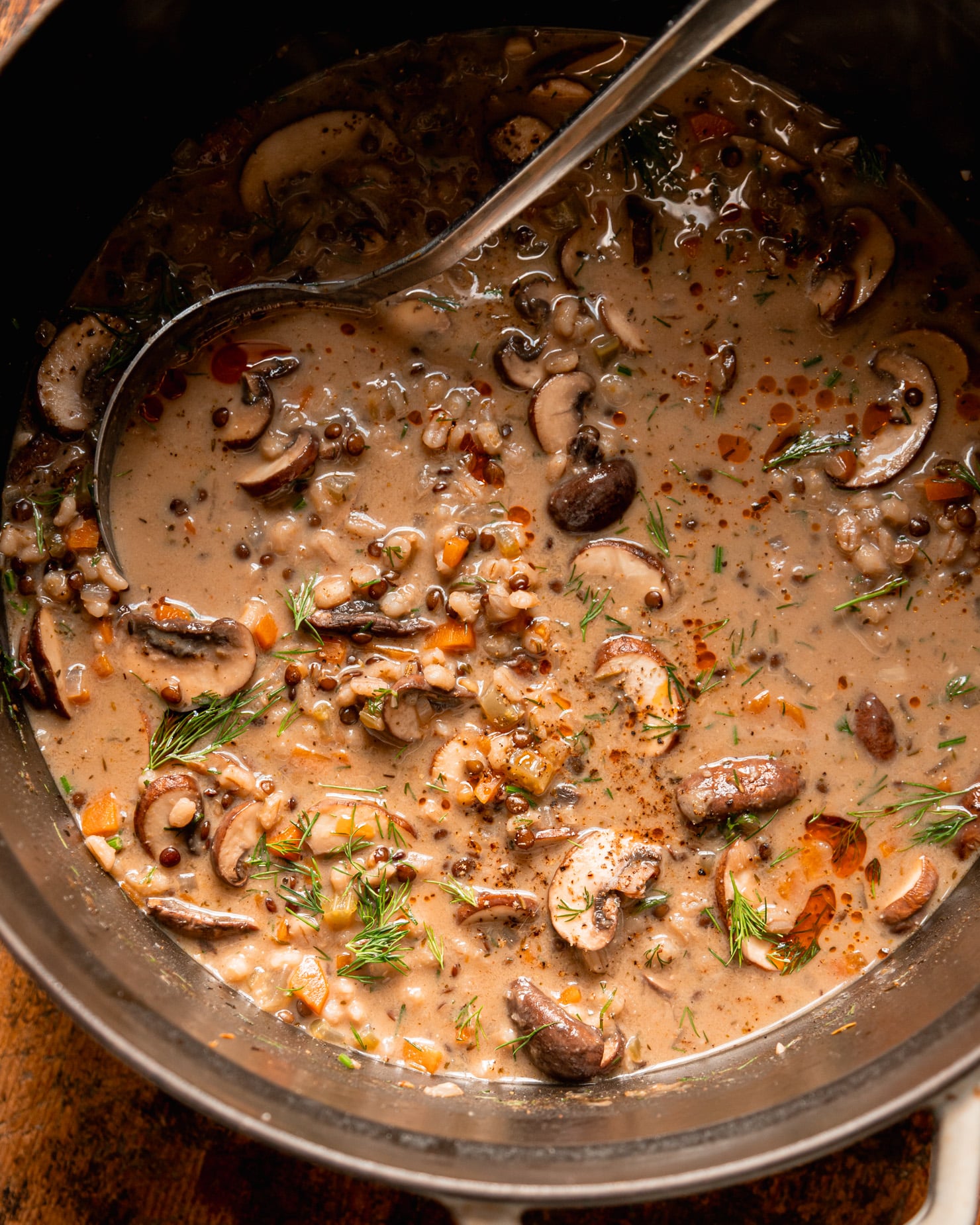 Creamy Mushroom Barley Soup with Lentils & Dill (Vegan) | The First Mess